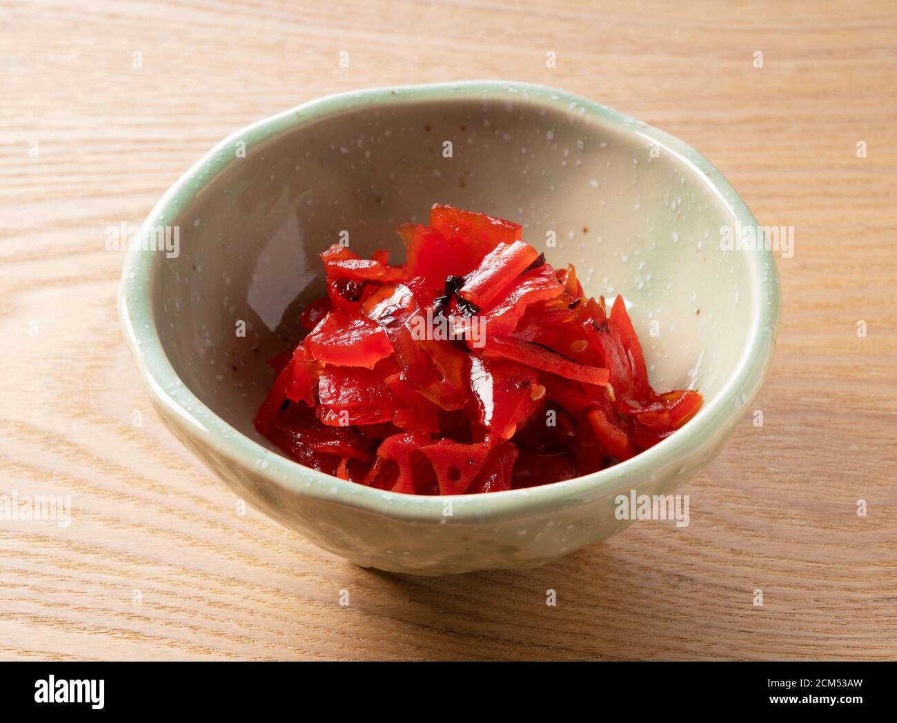 Japanese pickles. Red Fukujinzuke.sliced vegetables pickled in soy ...