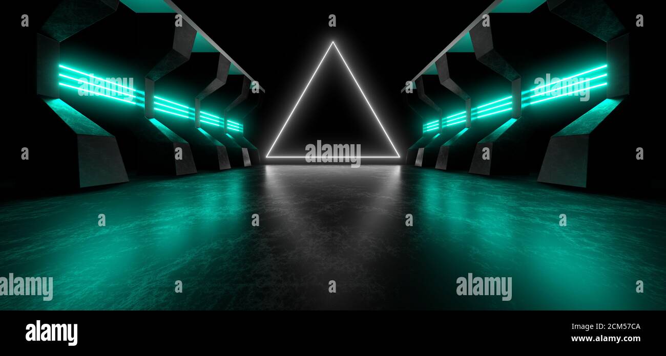 A dark corridor lit by colorful neon lights. Reflections on the floor ...
