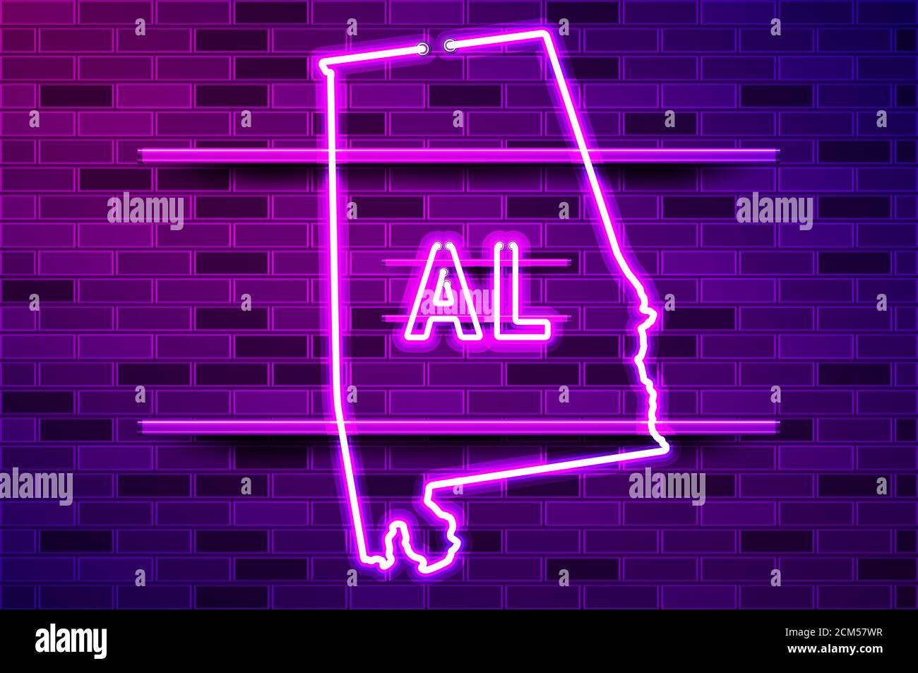 Alabama US state glowing neon lamp sign. Realistic illustration. Purple ...