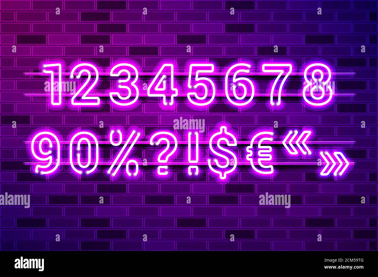 Glowing purple neon lamp numbers and special characters. Realistic ...