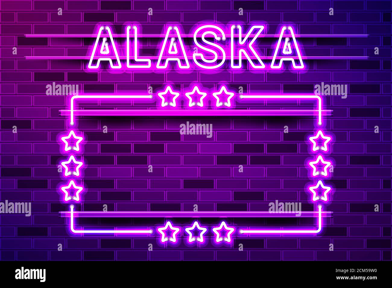 Alaska US State glowing purple neon lettering and a rectangular frame ...