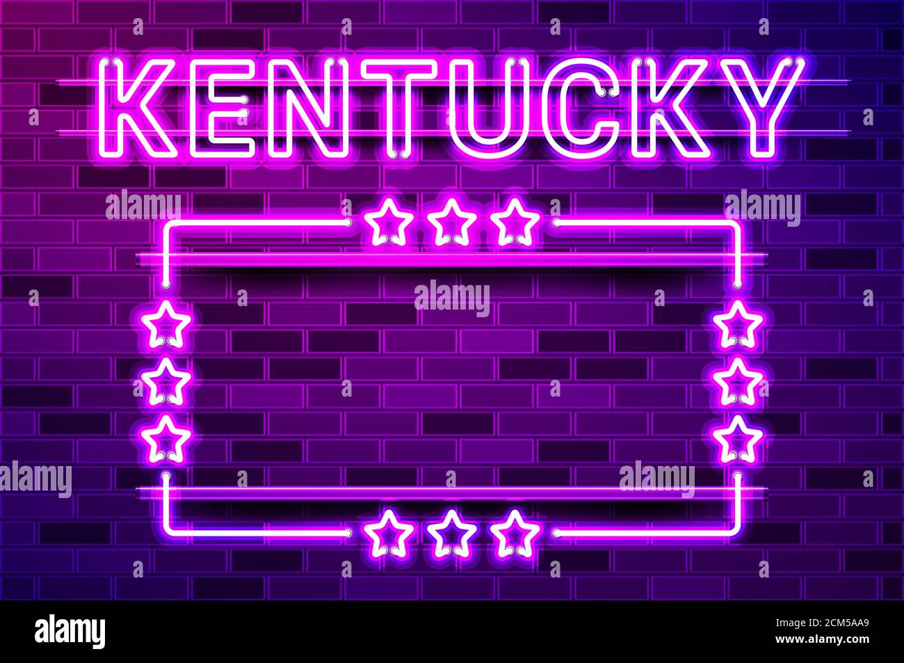 Kentucky US State glowing purple neon lettering and a rectangular frame ...
