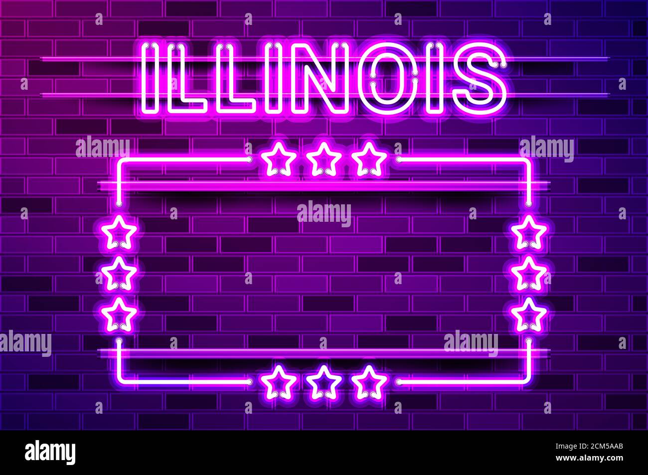 Illinois US State glowing purple neon lettering and a rectangular frame ...