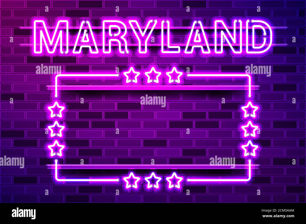 Maryland US State glowing purple neon lettering and a rectangular frame ...