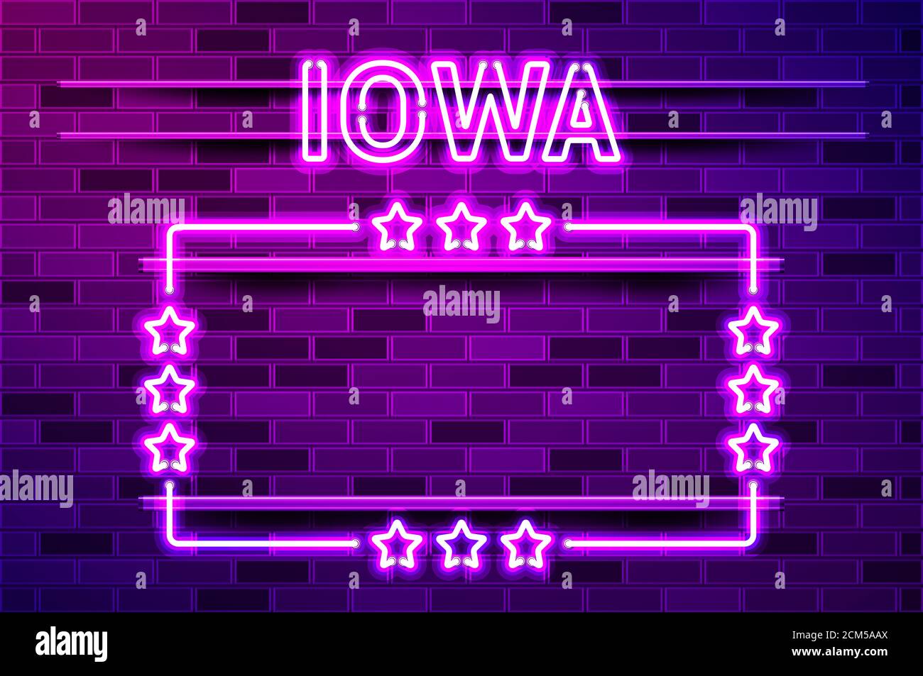 Iowa US State glowing purple neon lettering and a rectangular frame ...