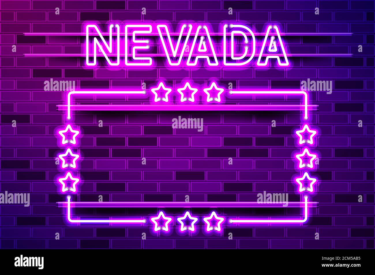 Nevada US State glowing purple neon lettering and a rectangular frame ...