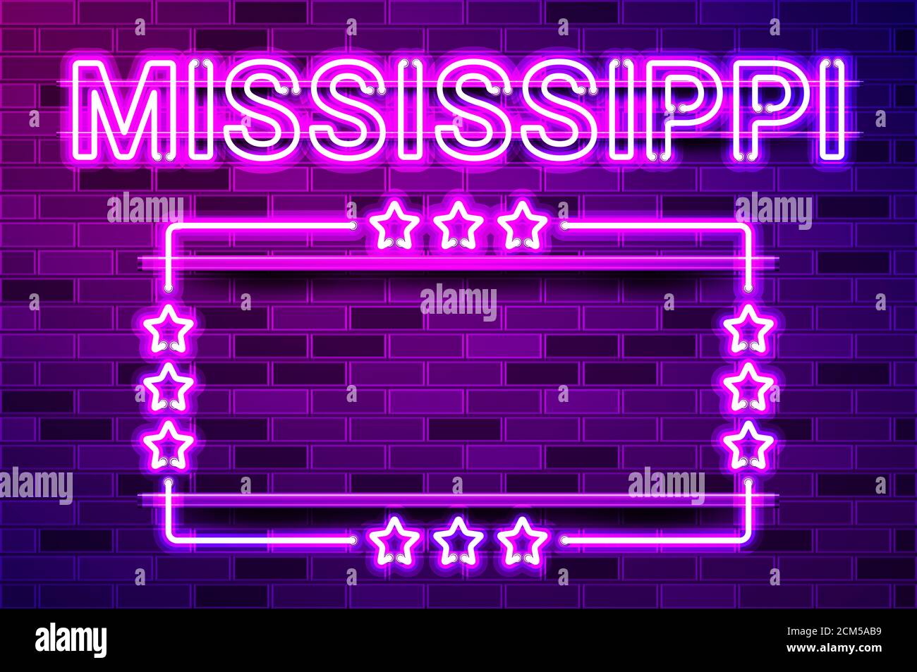 Mississippi US State glowing purple neon lettering and a rectangular ...