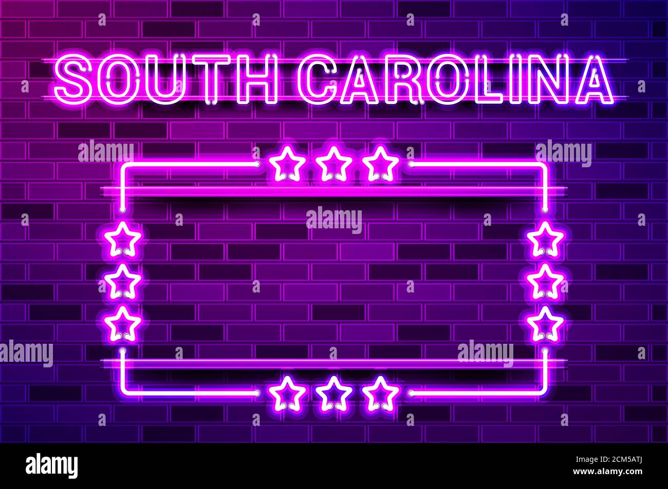 South Carolina US State glowing purple neon lettering and a rectangular ...