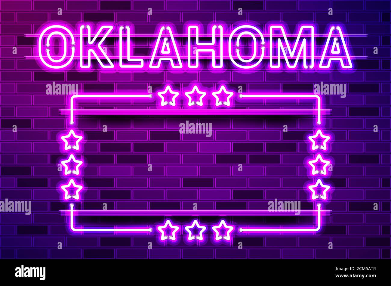 Oklahoma US State glowing purple neon lettering and a rectangular frame ...