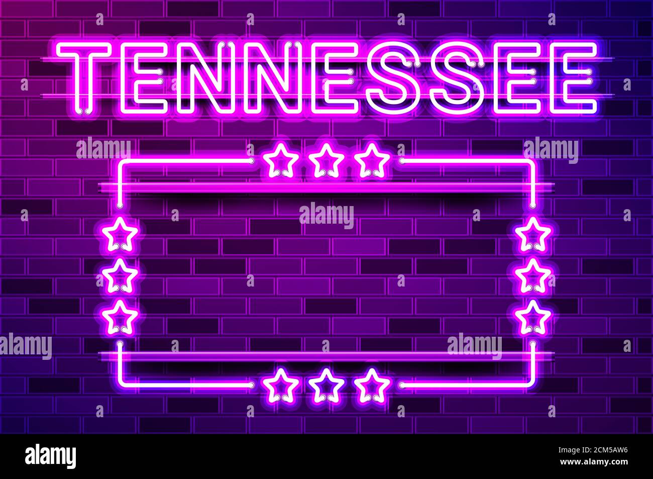 Tennessee US State glowing purple neon lettering and a rectangular ...