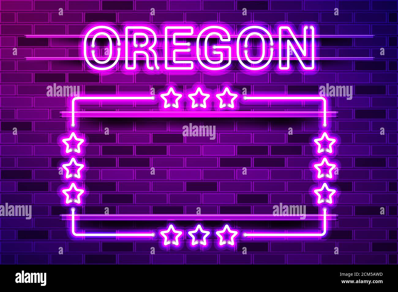 Oregon US State glowing purple neon lettering and a rectangular frame ...