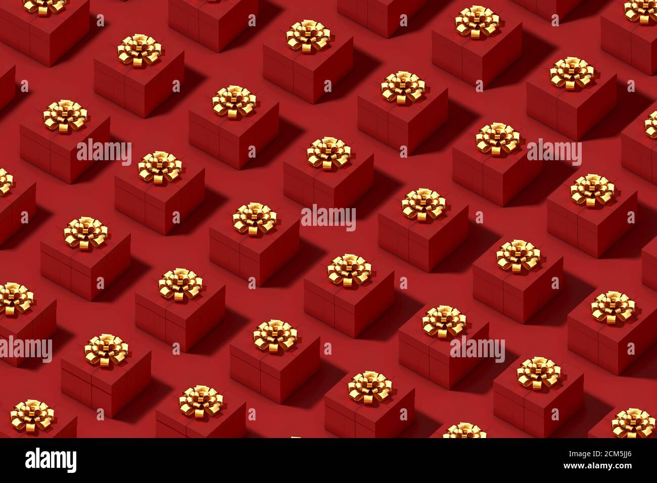 Pattern from set of red gift boxes with golden bow on red background ...