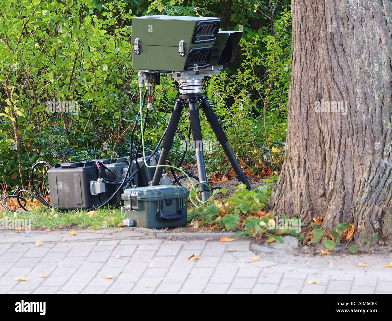 behind a tree is a radar trap for speed monitoring Stock Photo - Alamy