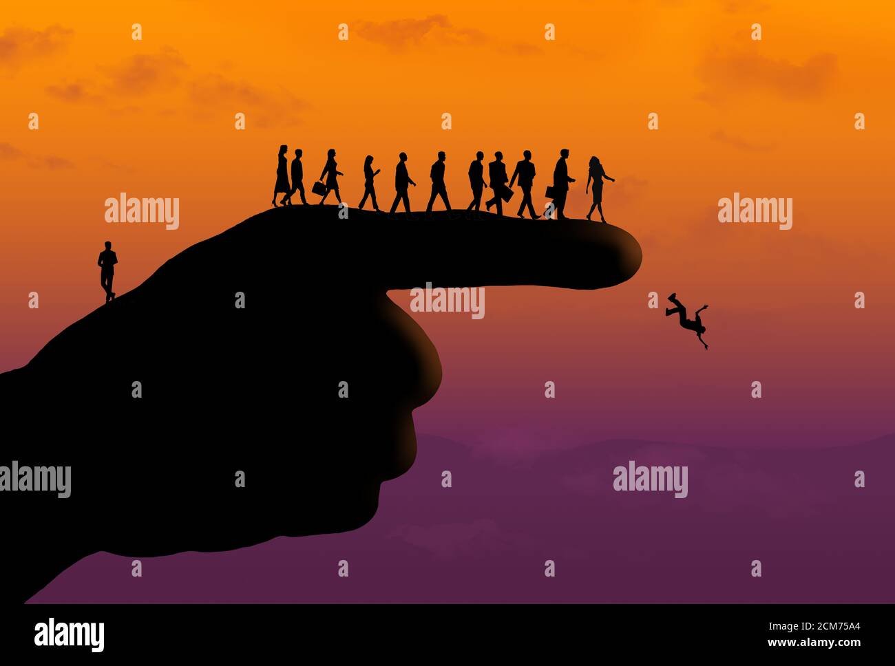 People line up to jump off a huge finger pointing the way to their ...