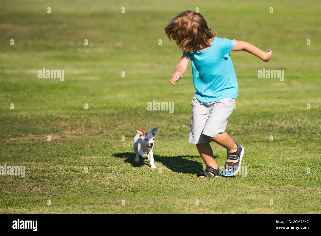 Happy child boy run with a dog outdoor Stock Photo - Alamy