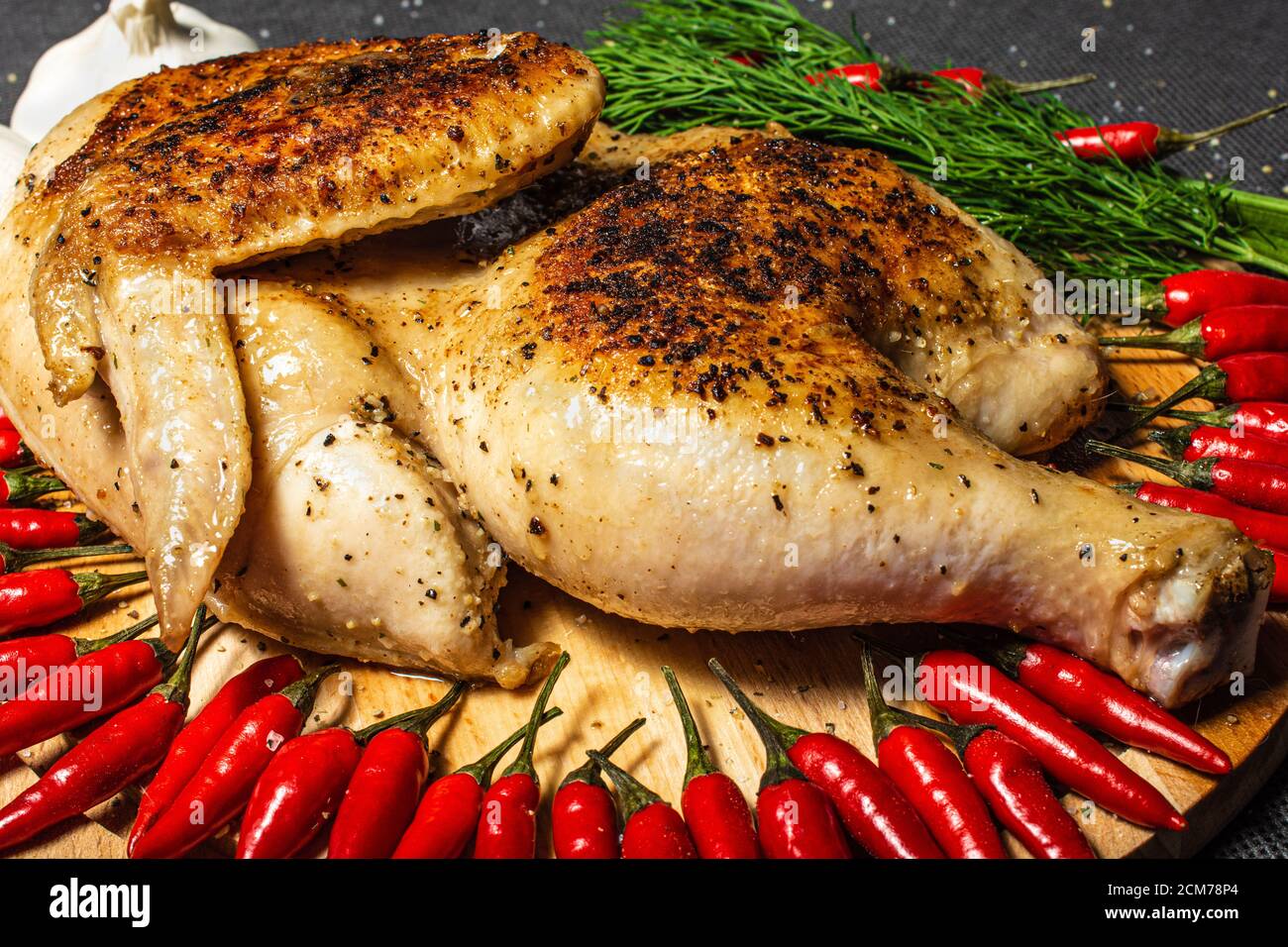 fried chicken, roasted half chicken, served vegetable, sprinkled with ...