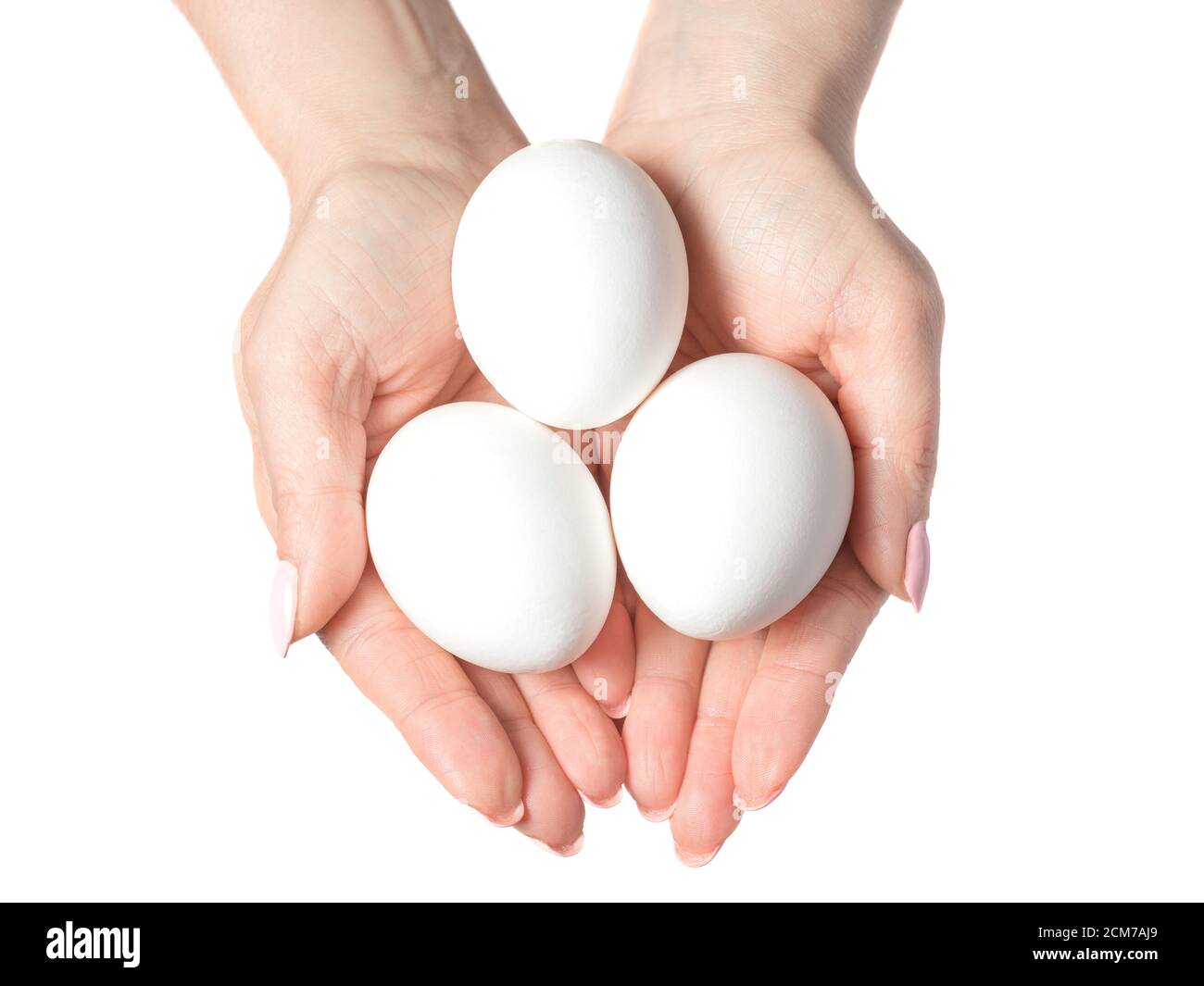 Woman hands with white eggs isolated on white background, concept Stock ...