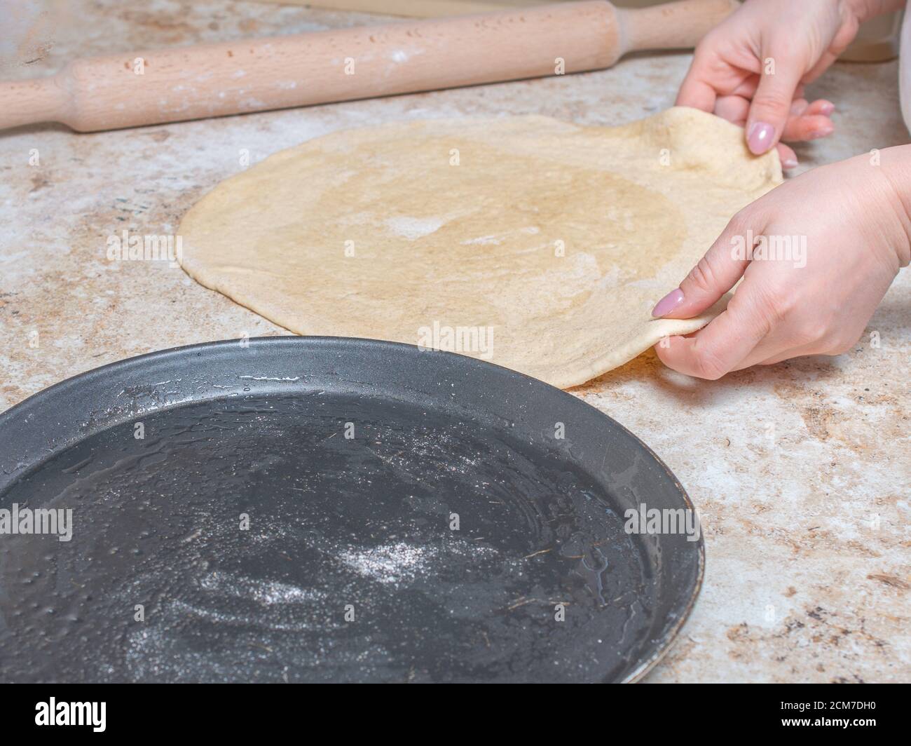Making a pizza at home with tomato and cheese, pizza prepare dough hand ...