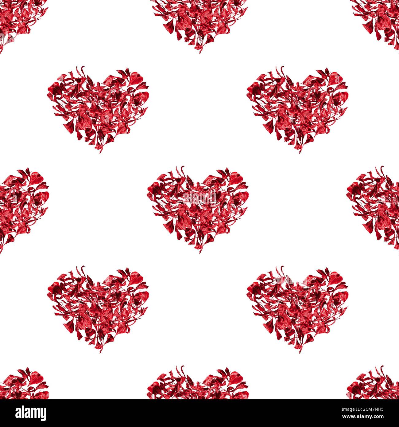 Seamless pattern red heart made of flower petals white background ...
