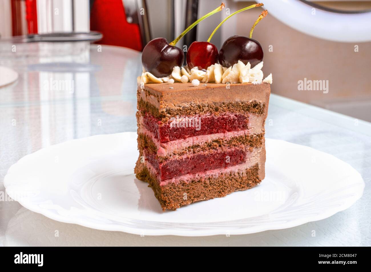 Detail on a Slice of a Black forest cake, or traditional austria ...