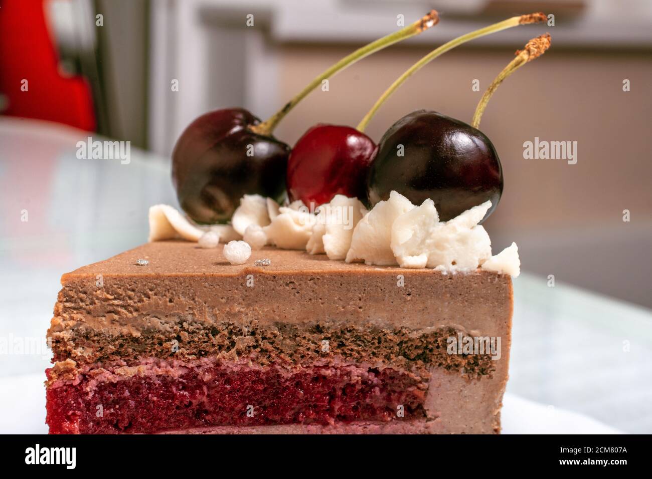 Detail on a Slice of a Black forest cake, or traditional austria ...