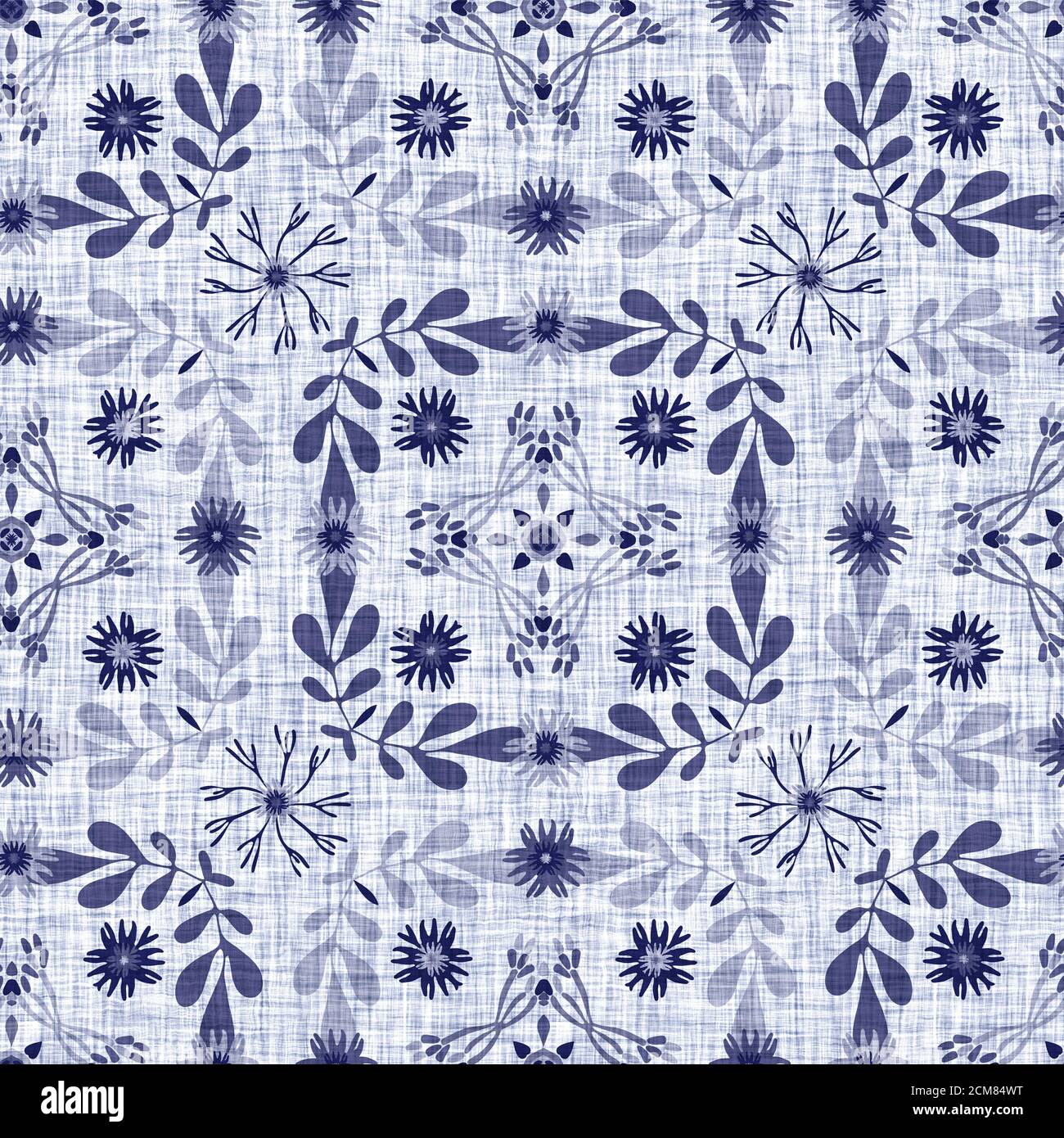 Indigo blue flower block print dyed linen texture background. Seamless ...