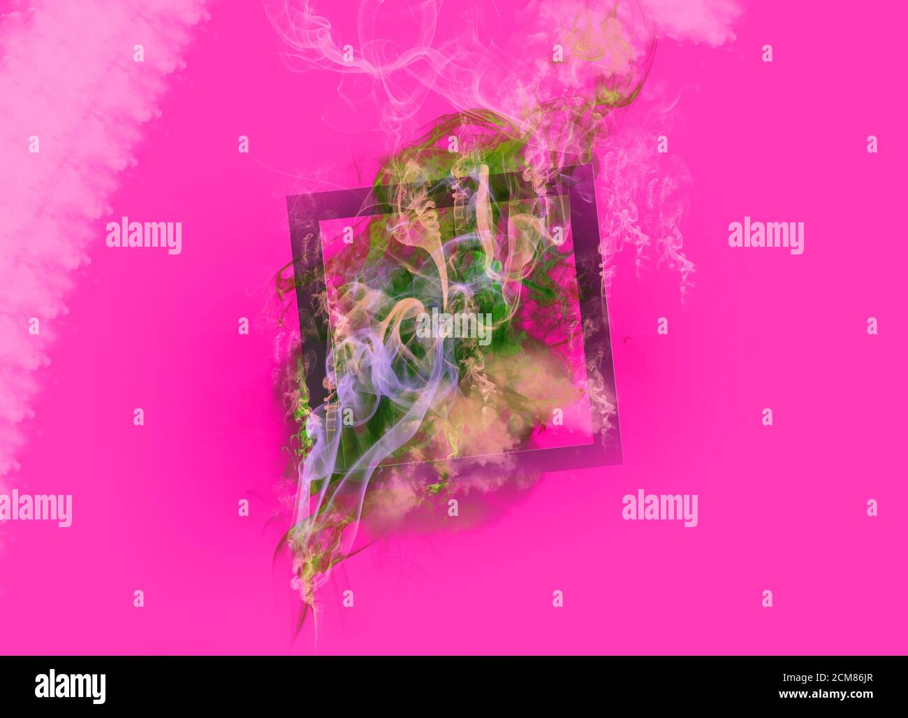 abstract composition of colored smoke and square frame on neon pink ...