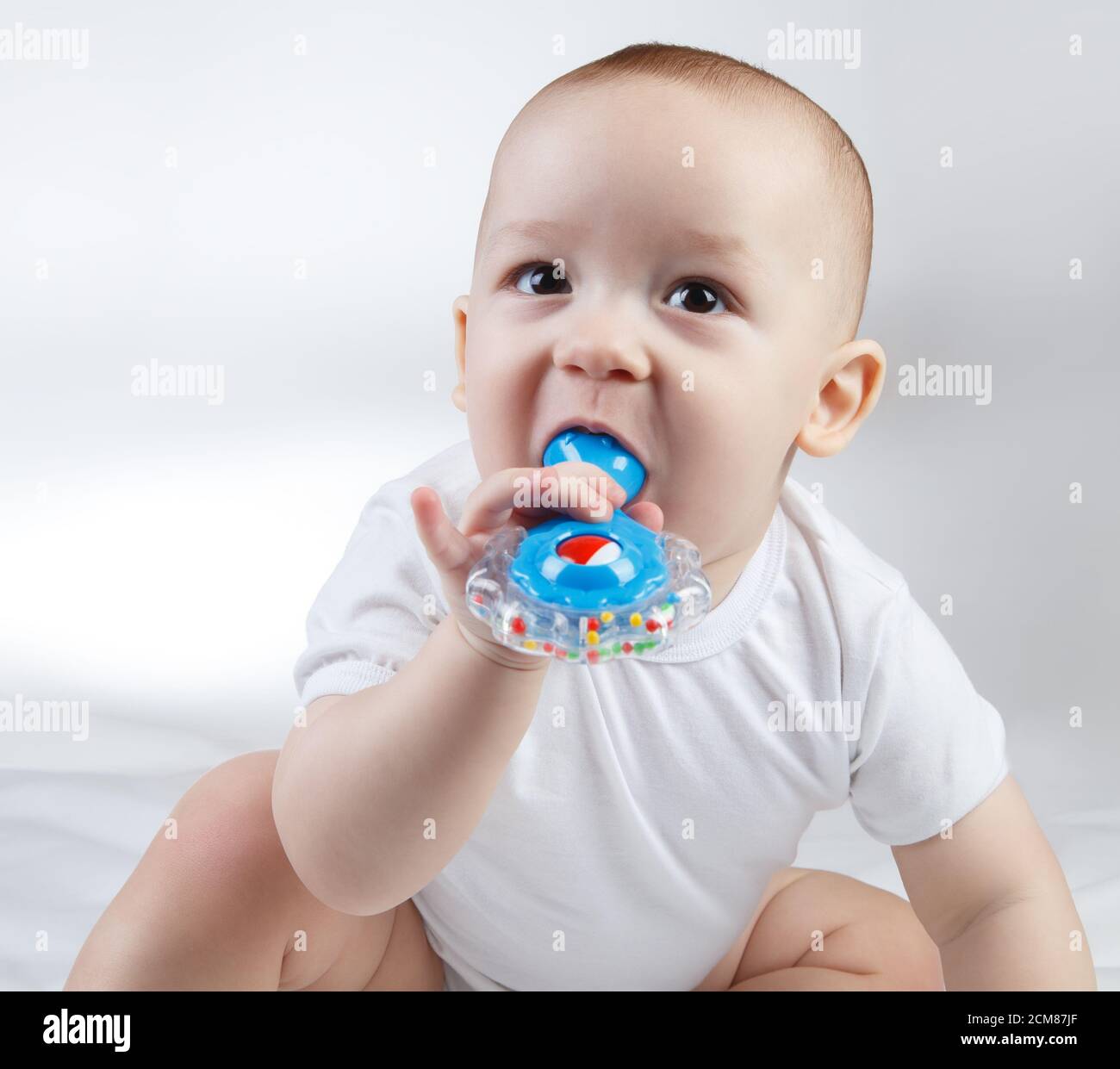 Portrait of a ten-month-old baby with blue rattle in mouth Stock Photo ...