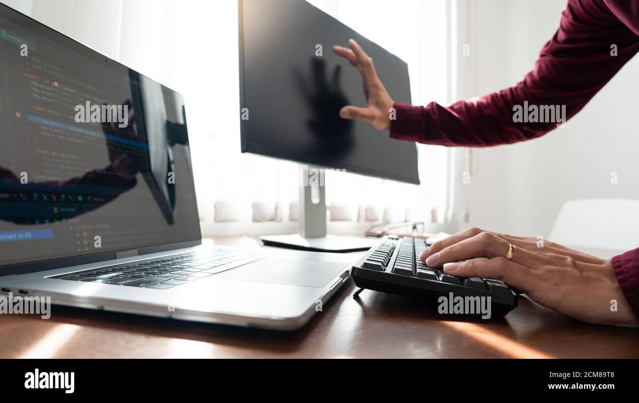 Software Developer Or Programmer Working Data Debugging Improvement Binary Algorithm On Desktop