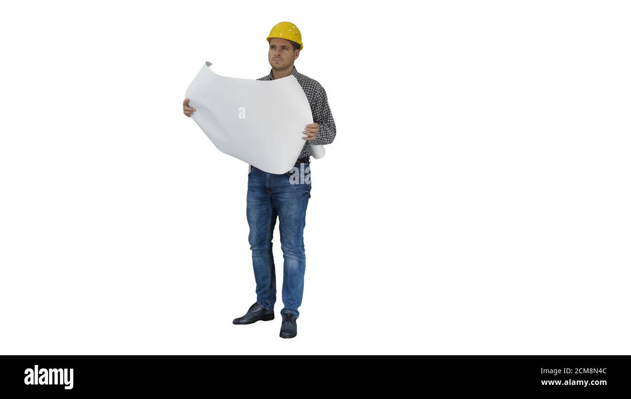 Engineer checking plan on construction site on white background Stock ...
