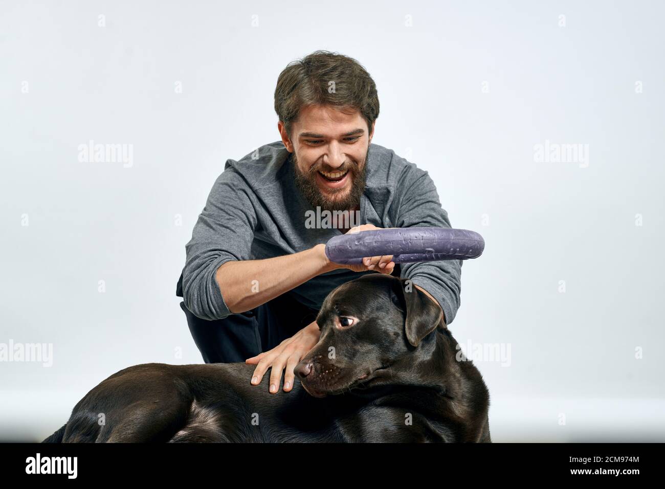 happy owner with pet black dog training model emotions Stock Photo - Alamy