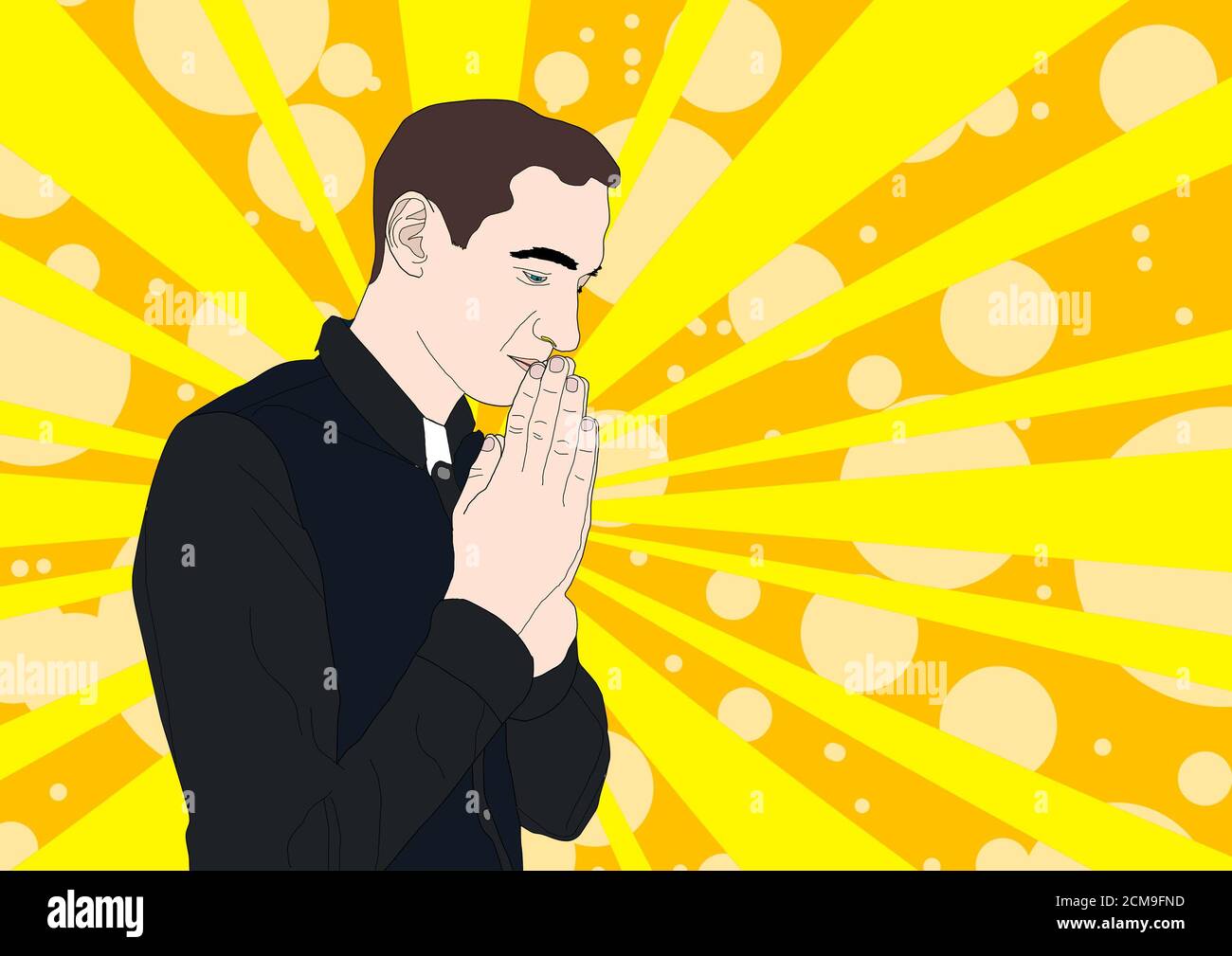 Young man praying hands together. Hipster trendy person holding palms ...