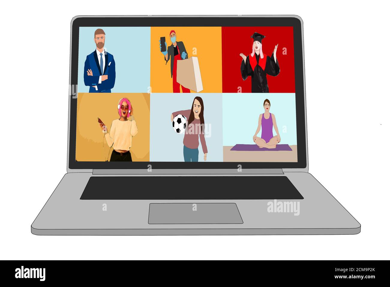 Desktop computer with group of colleagues taking part in video ...