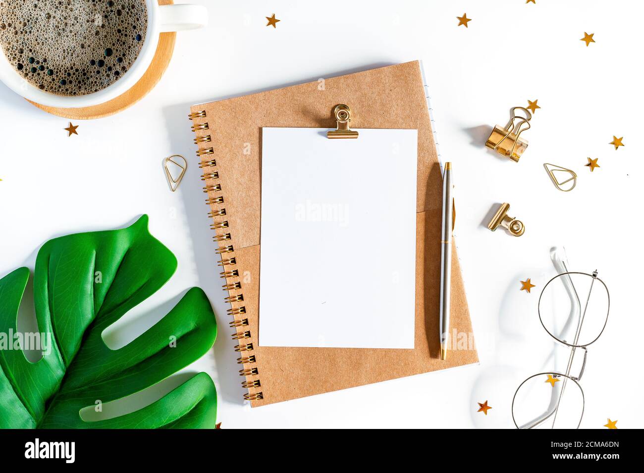 Desktop mock up planner. Flat lay of white working table background ...