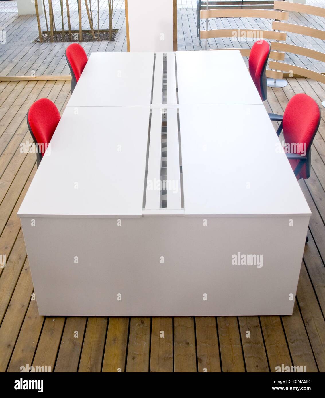 office desks and red chairs cubicle set Stock Photo - Alamy