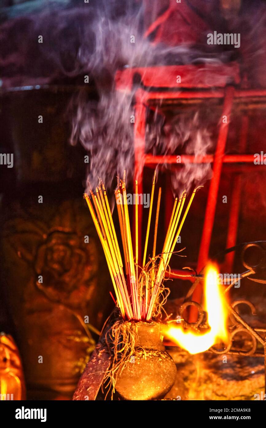 Incense sticks at Golden rock or Kyaiktiyo pagoda in Myanmar, former ...
