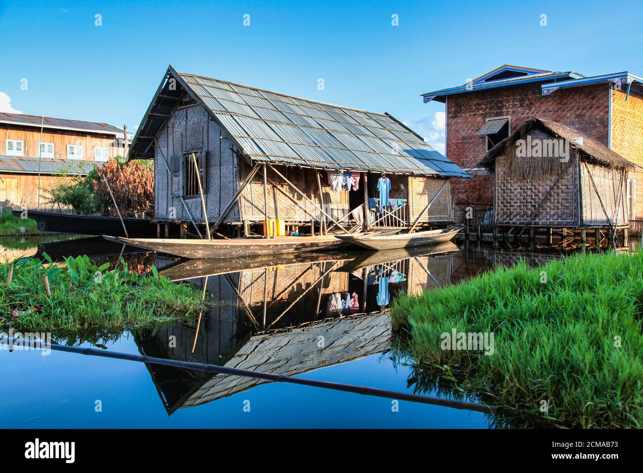 Wooden floating houses on Inle Lake in Shan, Myanmar, former Burma in ...