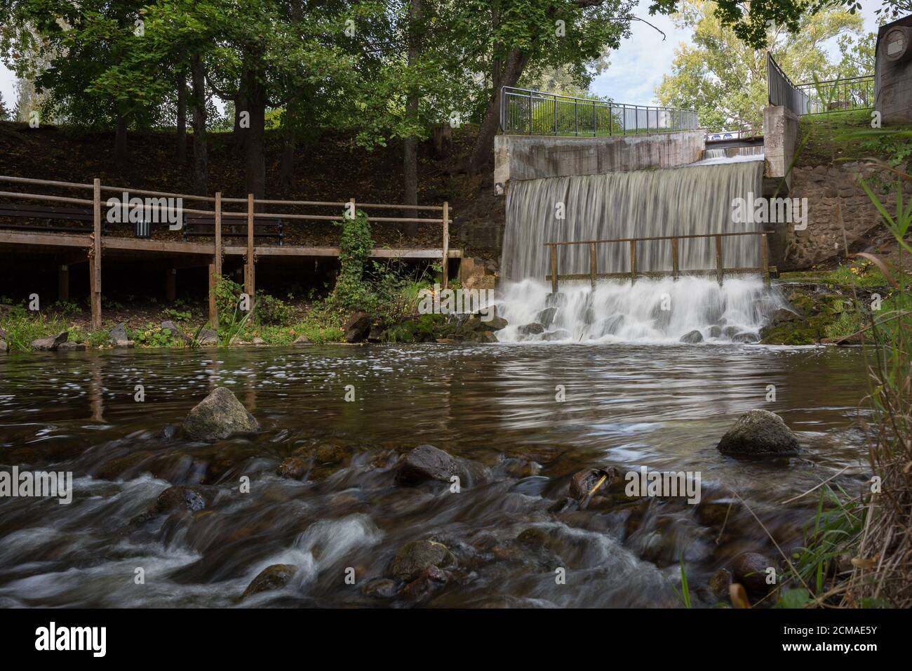 City Smiltene, Latvia.Waterfall with park and nature.Travel photo.13.09 ...