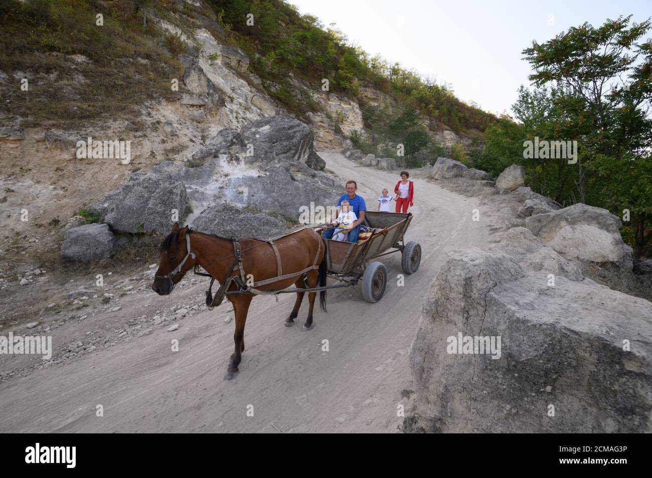 Traditional horse cart at dirt mountain road at Northern Moldova Stock ...