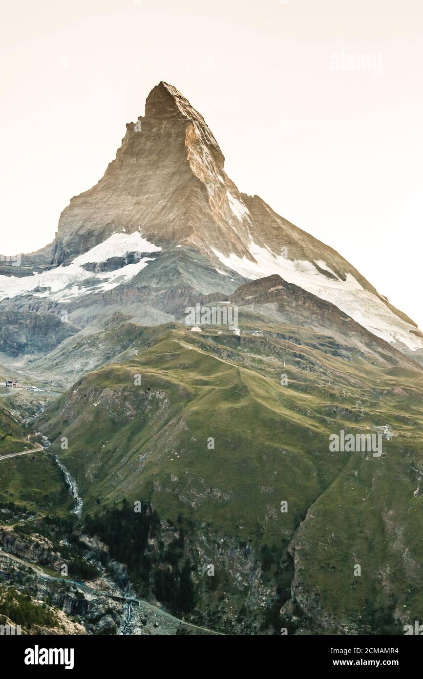 Sunny summer morning in Zermatt village with Matterhorn peak on ...