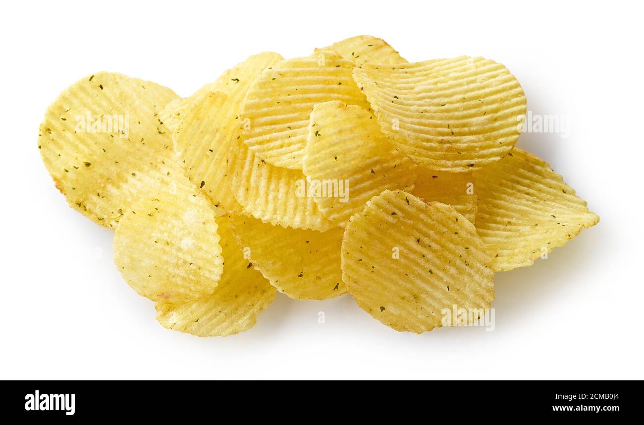 heap of potato chips isolated on white background, top view Stock Photo ...