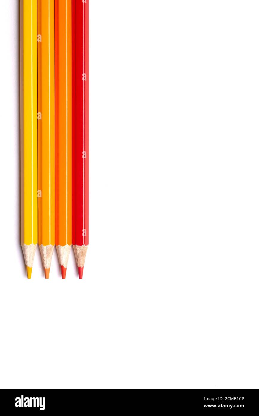multi-colored wooden pencils in red shades on a white isolated ...
