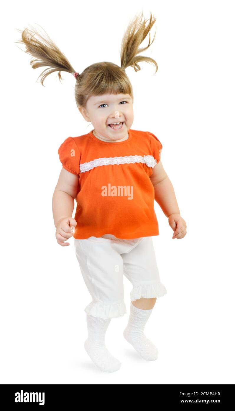 Jumping little girl isolated on white Stock Photo - Alamy