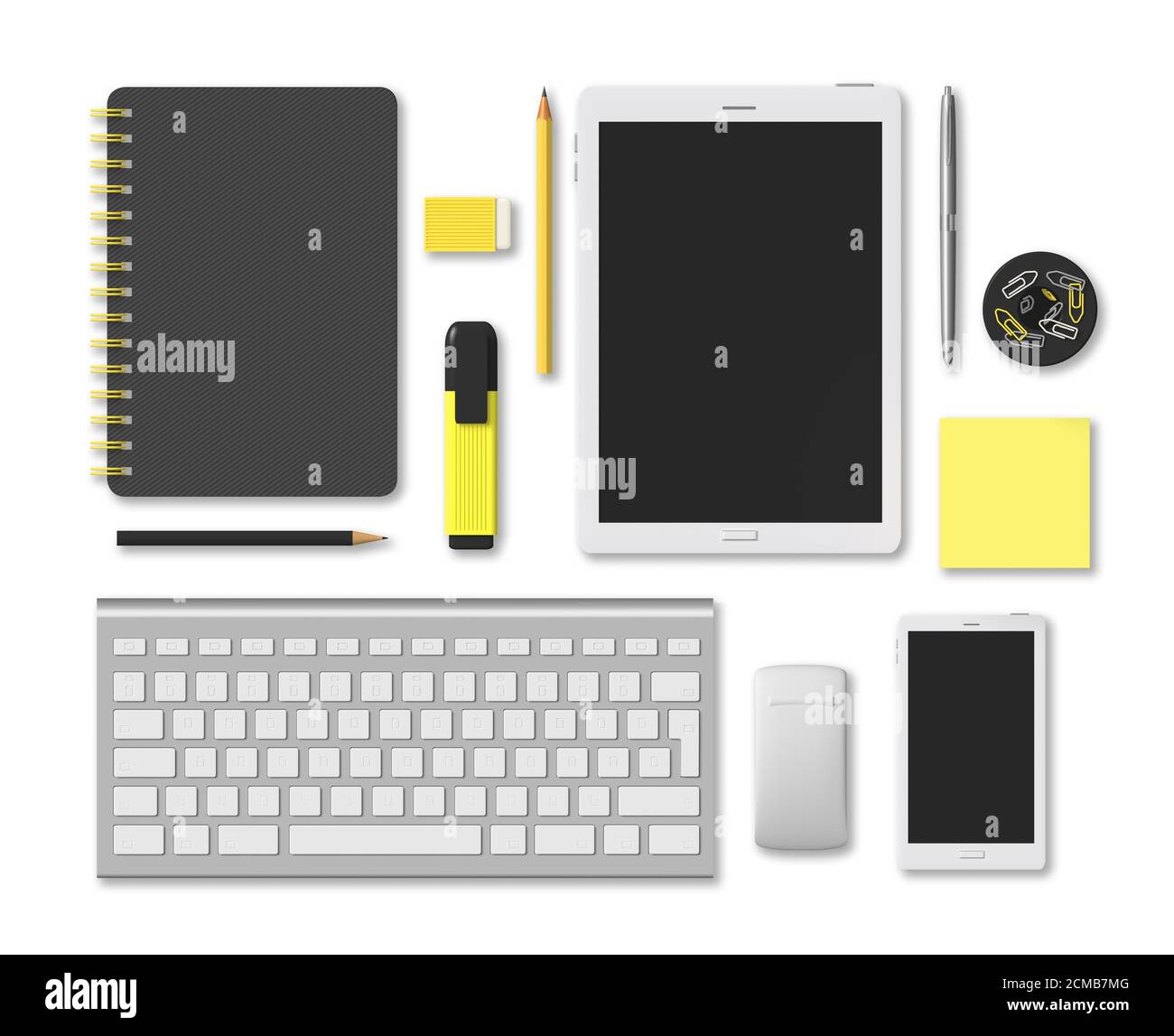 Essential office supplies accessory equipment set isolated 3D on white ...