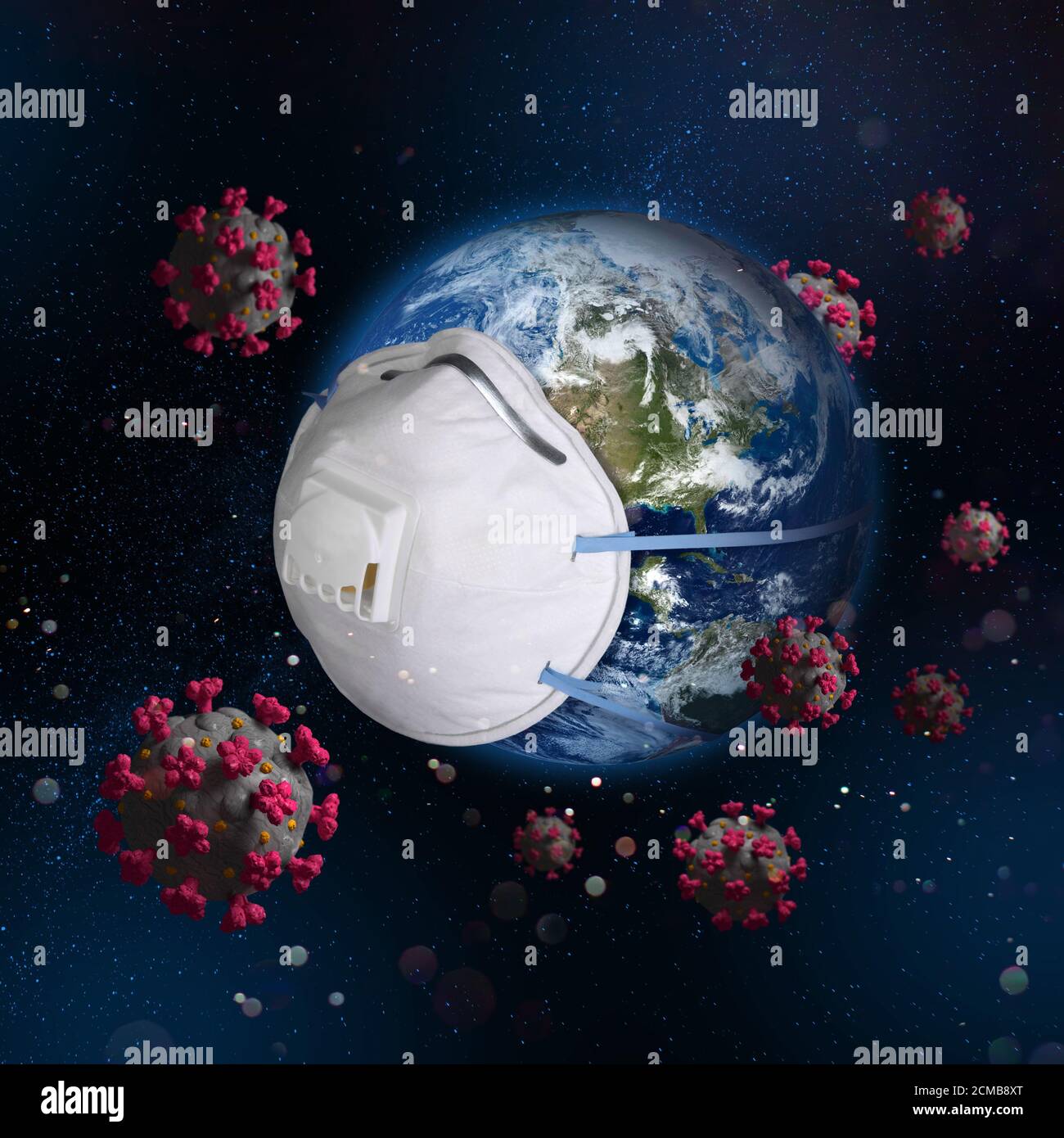 Planet Earth wearing protective filter mask, surrounded by viruses ...