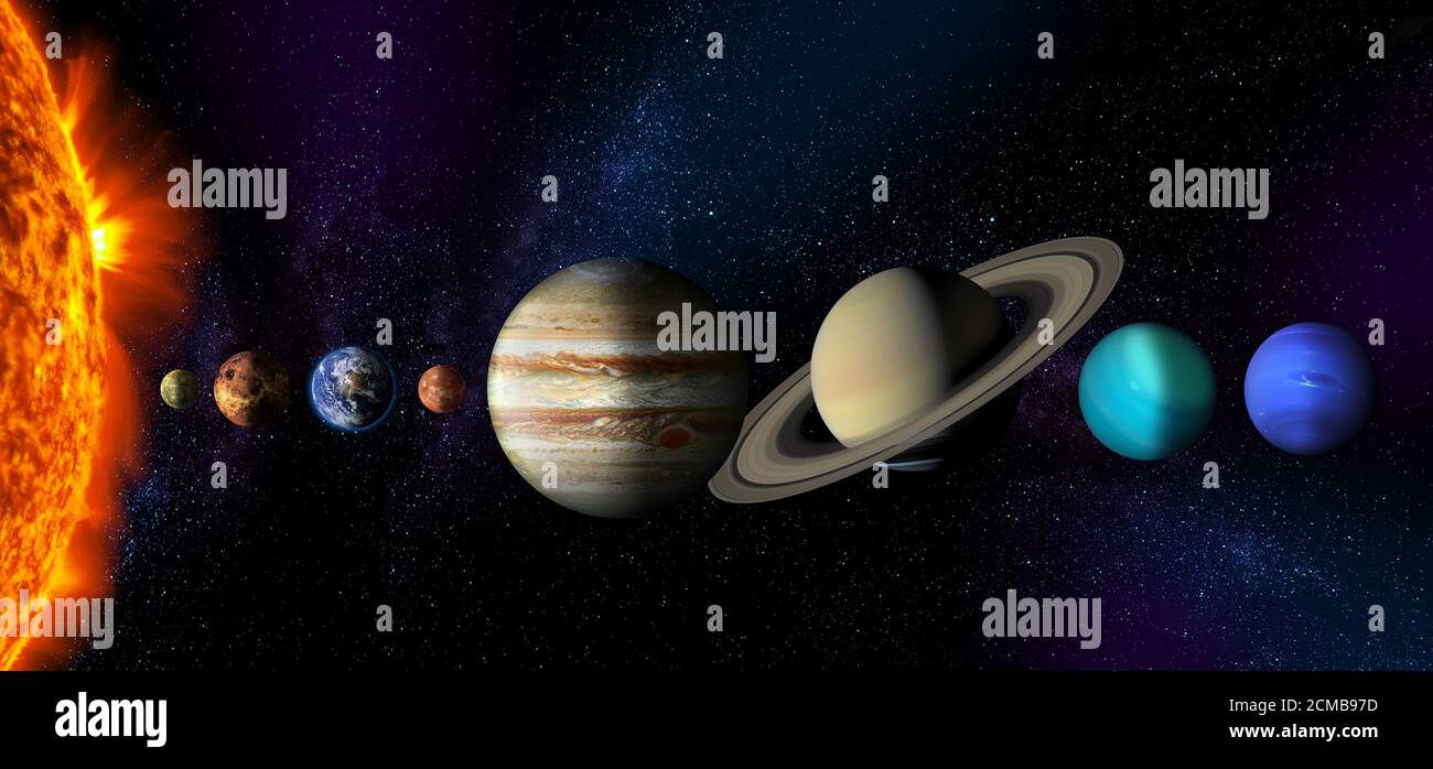Sun and the planets of our Solar system on starry space background ...