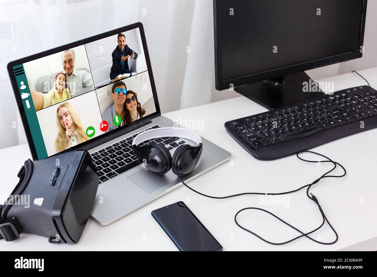 Many portraits faces of diverse young and aged people webcam view ...