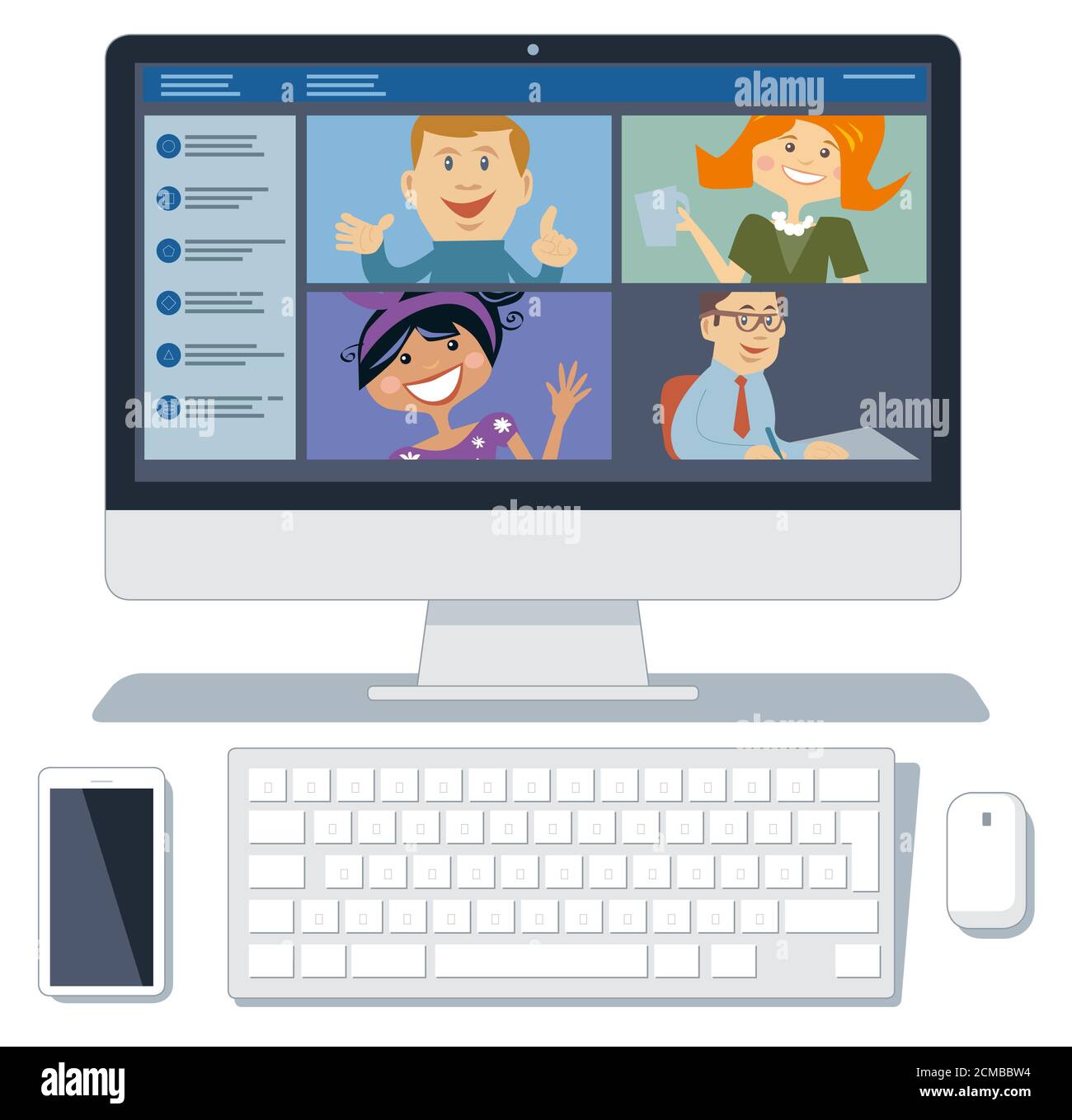 Illustration of happy members of remote business team meeting via ...