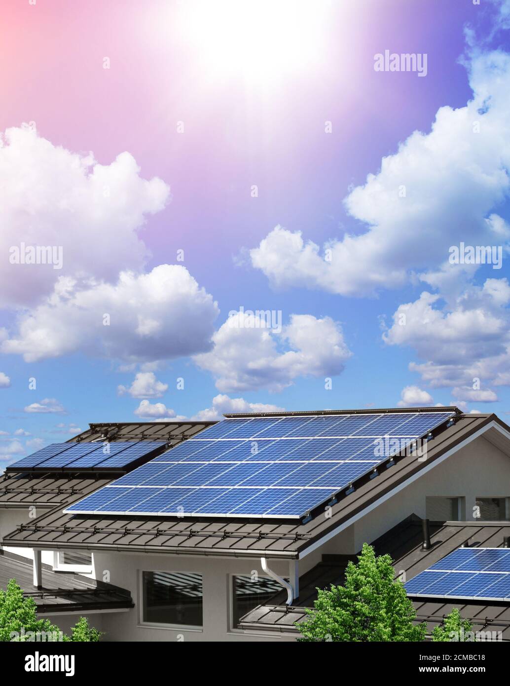 Solar panel system on house roof, sunny blue sky background, renewable ...