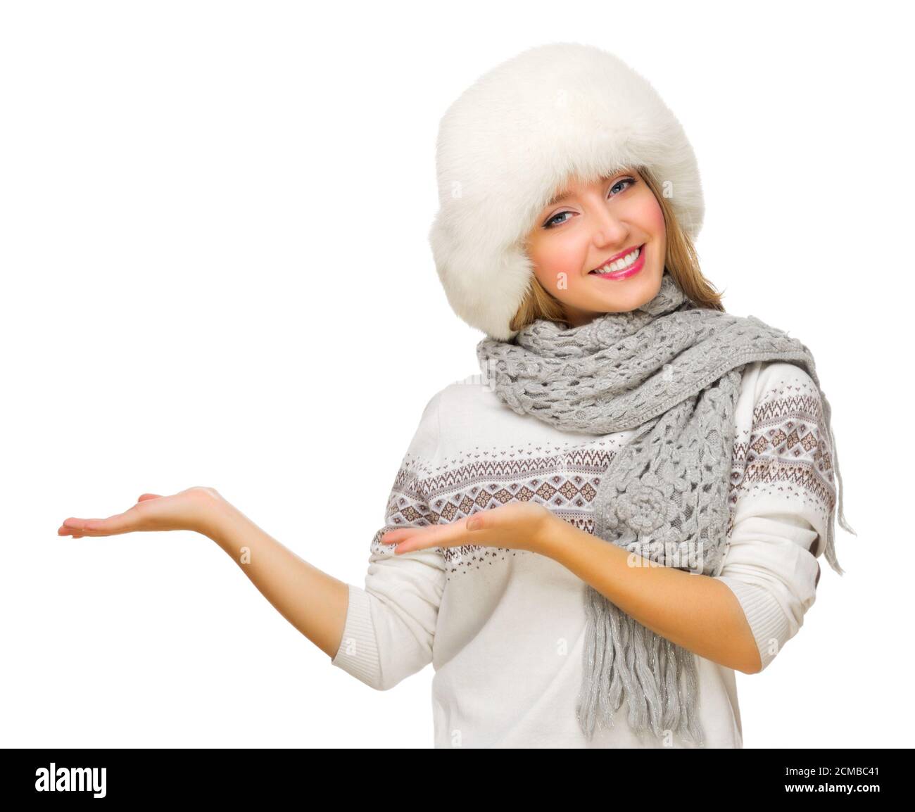 Young girl shows welcome gesture isolated Stock Photo - Alamy